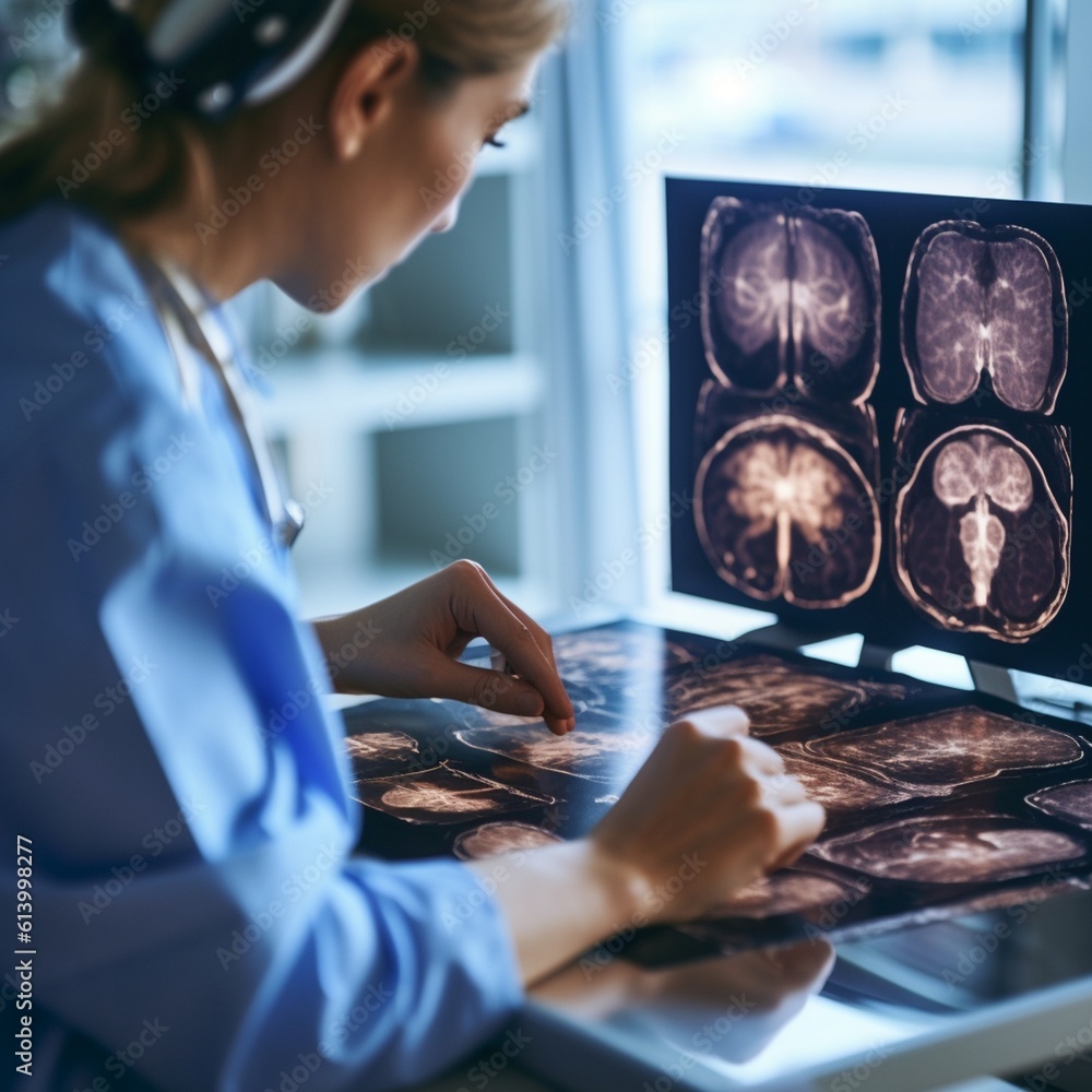 The doctor checks up x-ray film of the brain by ct scan brain at the ...