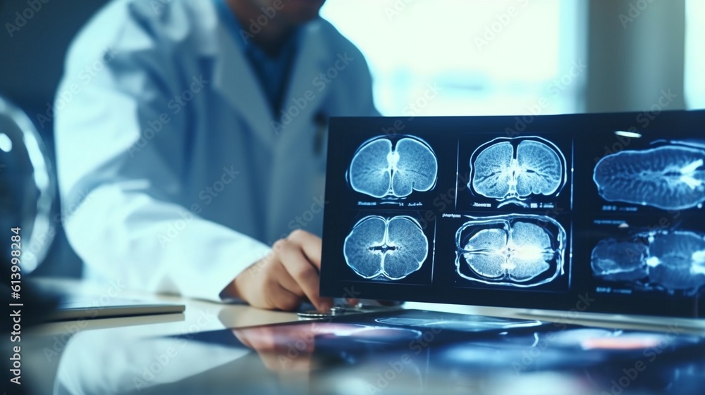 The doctor checks up x-ray film of the brain by ct scan brain at the ...