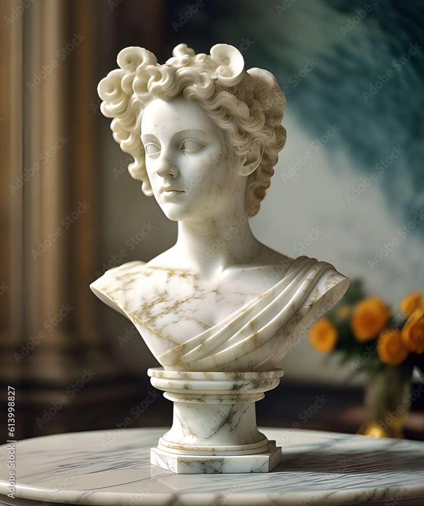 A generative ai of a white marble statue of a young woman with ...