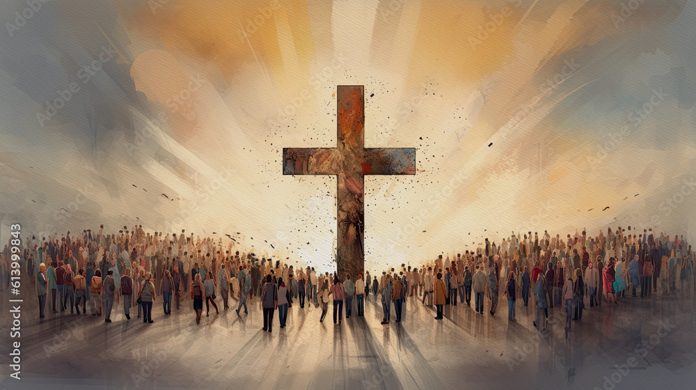 Many people around the cross, christian concept, modern painting ...
