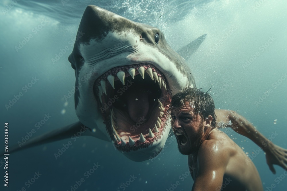 Shark attack on a man in the open sea. The concept of danger for the ...