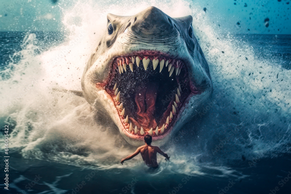 Great white shark attacking a man on the beach. Generative AI Stock ...
