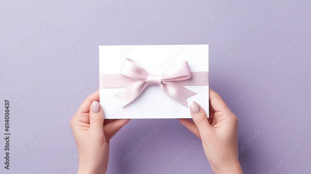 Woman hands handling paper white empty card with simple yet elegant ...