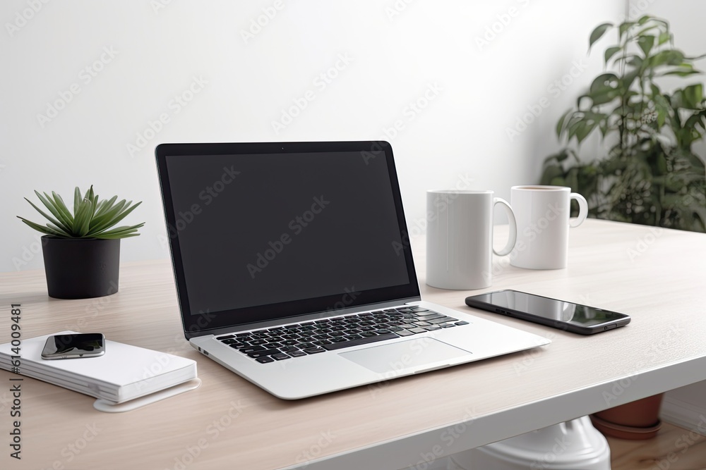 White screen of a modern laptop computer on a workspace desk table ...
