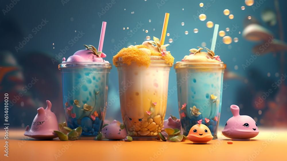 Boba tea cute art, pastel colors, baby blue and yellow, korean style ...