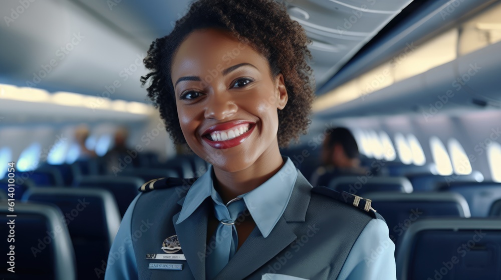 A close - up shot of a female flight attendant, standing in the aisle ...