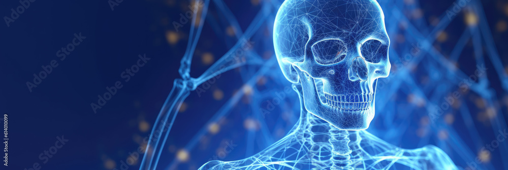 abstract rendering of a human skeleton glowing against a deep blue ...