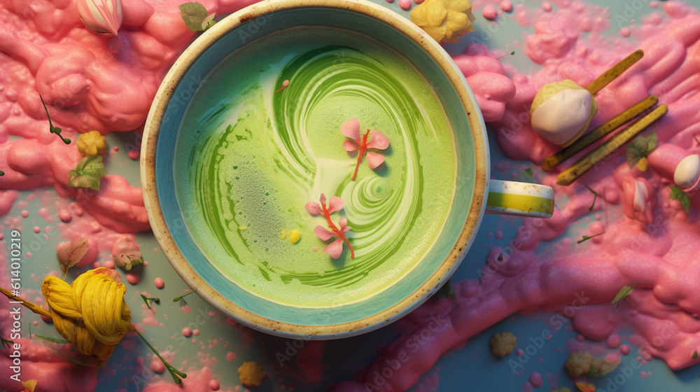 Matcha, matcha latte cute art, pink and yellow, korean style, panoramic ...