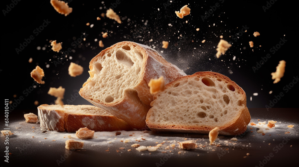 Sour dough bread with exploding flour, panoramic ai art for cafe ...
