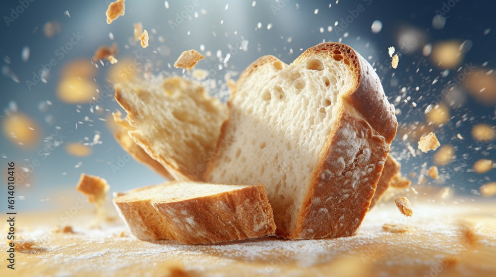 Sour dough bread with exploding flour, panoramic ai art for cafe ...