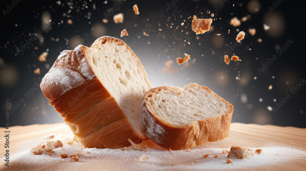 Sour dough bread with exploding flour, panoramic ai art for cafe ...