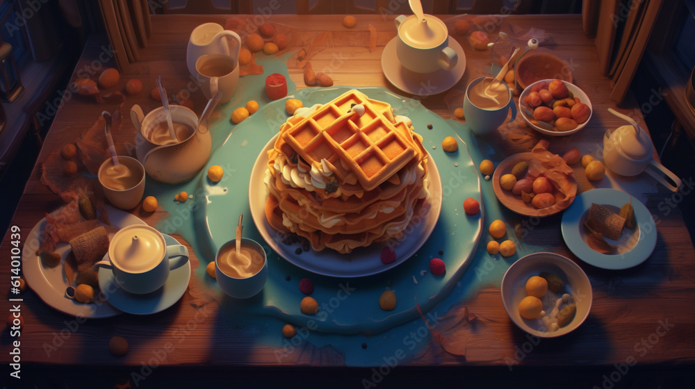 Belgian waffles cute art, dark blue and yellow, korean style, panoramic ...