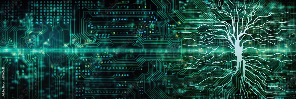 minimalist panorama of a human brain silhouette filled with a circuit ...