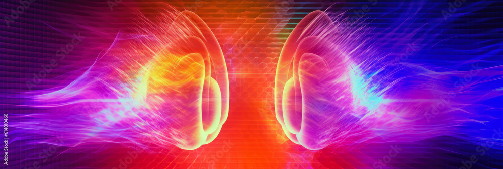 panoramic wallpaper of a stylized human ear, filled with a sound wave ...