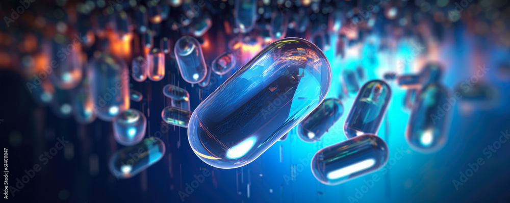 Pharmaceutical capsules floating in abstract space, illustrating the ...