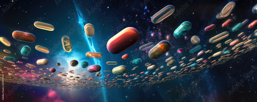 Panoramic depiction of vibrant pharmaceutical capsules floating in ...