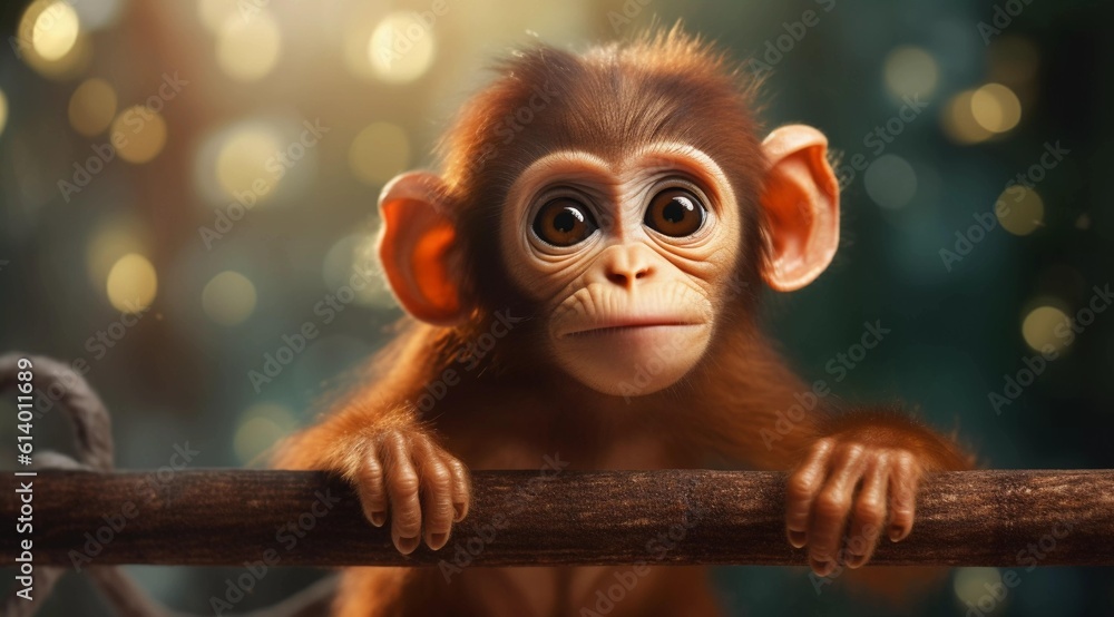 Cute little monkey grabs the railing and looks at the camera, AI ...