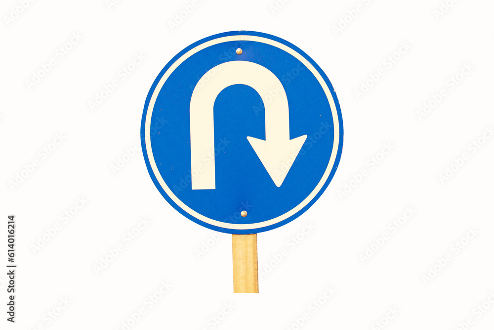 U turn sign blue for motorbike, car side street. Rules for road users ...