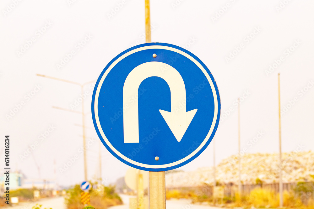 U turn sign blue for motorbike, car side street. Rules for road users ...