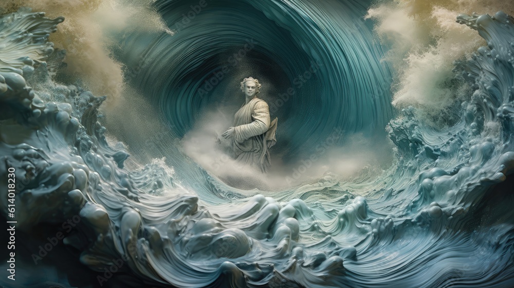 ocean wave, flowing surrealism, muted aquamarine and bronze, intense ...