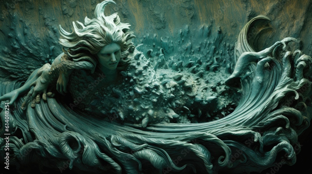 ocean wave, flowing surrealism, muted aquamarine and bronze, intense ...