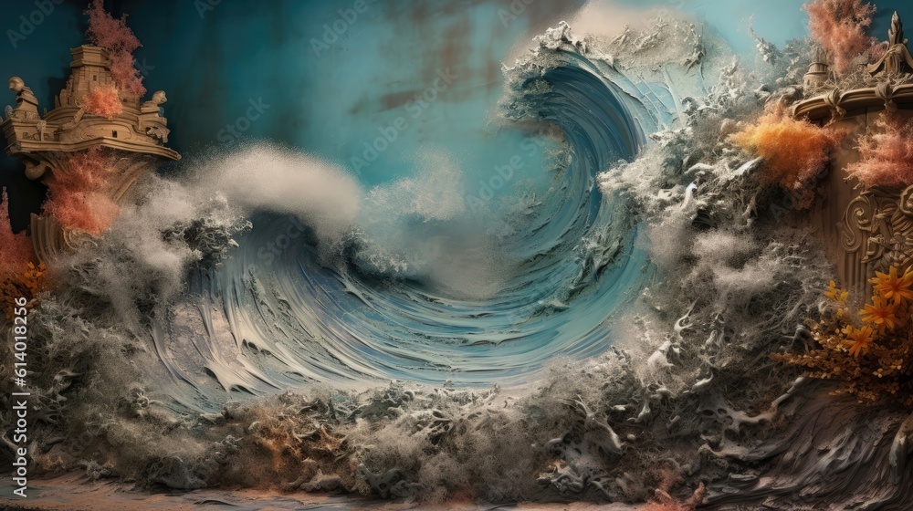 ocean wave, flowing surrealism, muted aquamarine and bronze, intense ...