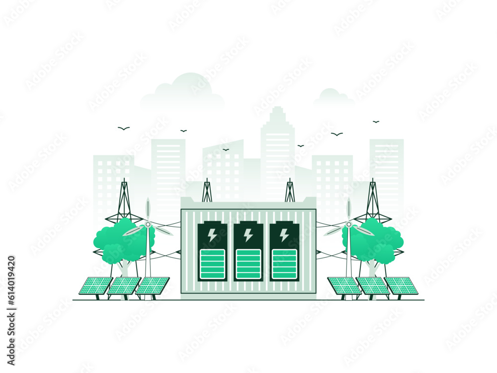 Smart power grid system with renewable energy sources. Includes solar panels, wind turbines ...