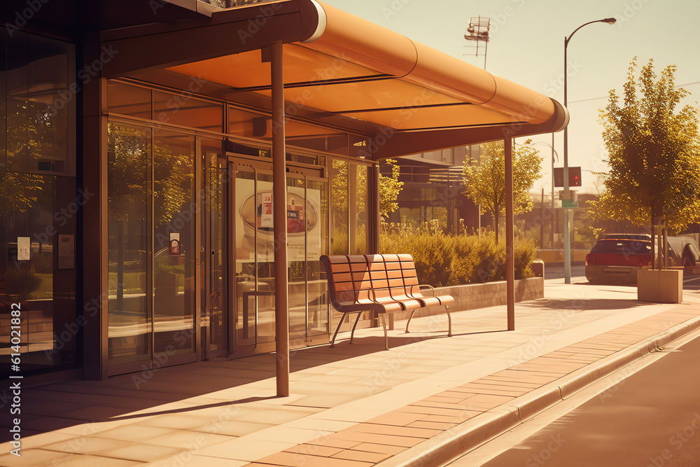 Generative AI Bus stop with bench in city. Empty bus stop. Cars ...