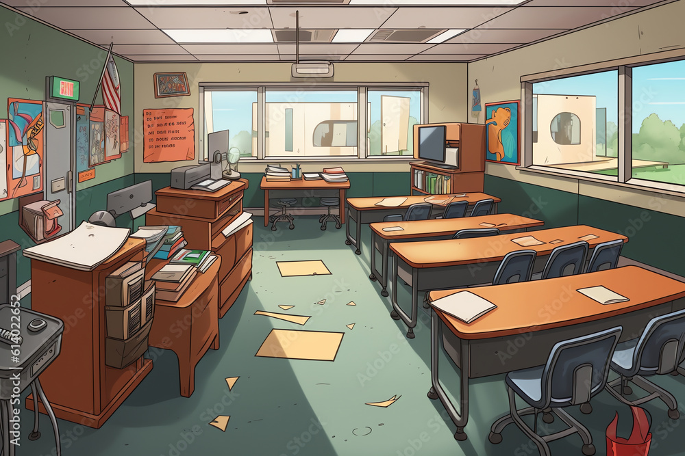 Generative AI Cartoon classroom interior with view on blackboard ...