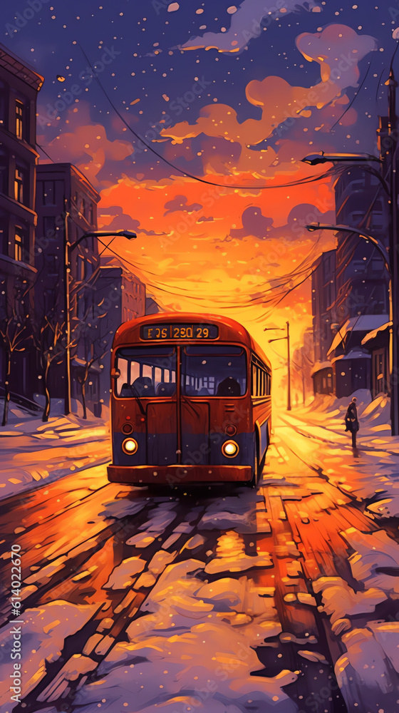 Generative AI Empty bus stop in winter city. Cartoon vector ...