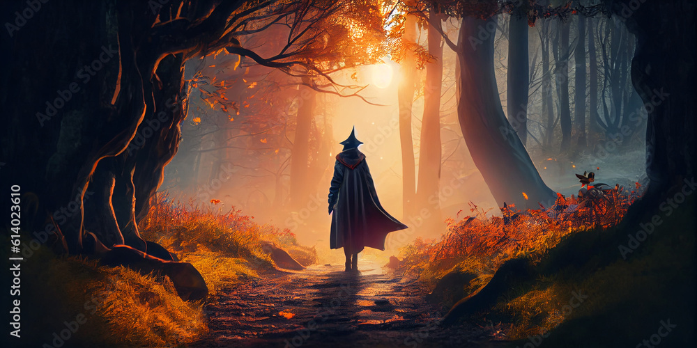 The wizard stands on a path in a dense twilight fairy forest and look ...