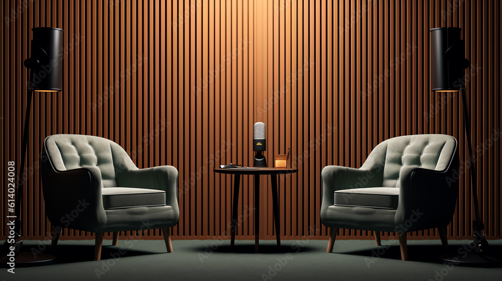 Generative AI Three empty chairs in a TV studio with green screen Stock ...