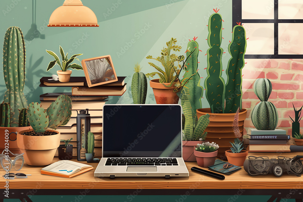 Generative AI 3D illustration of cartoon empty office workplace. Open ...