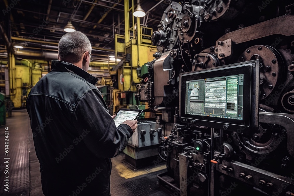 Engineer analyzing maintenance data on a tablet, forecasting machine ...