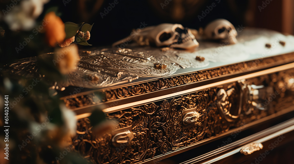 Generative AI funeral and mourning concept - coffin with flowers and ...