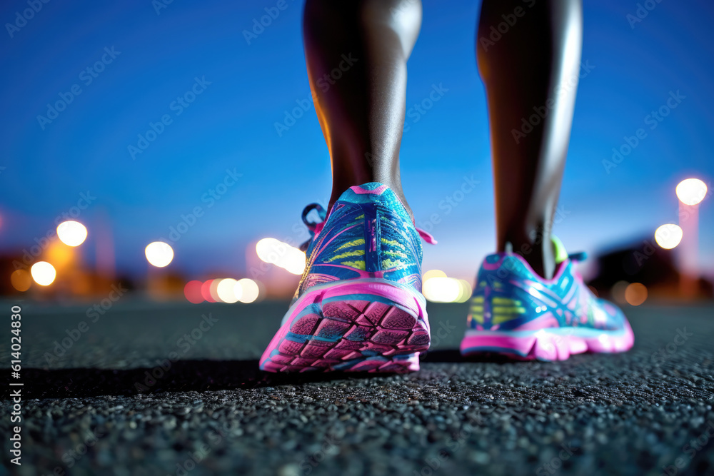 Athlete woman running in her sneakers trough the forest with sunlight ...