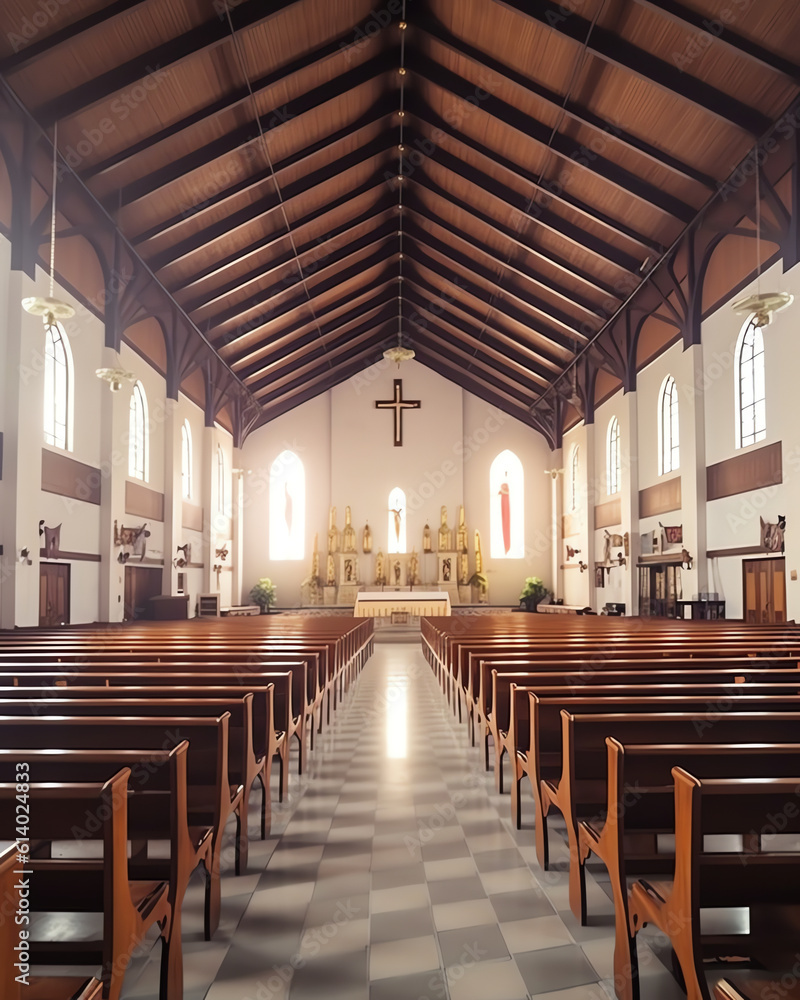 Generative AI The interior of a simple church with a vaulted wooden ...