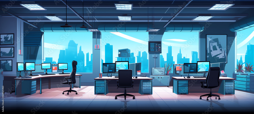 Generative AI Computer class, open space office interior. Empty school ...