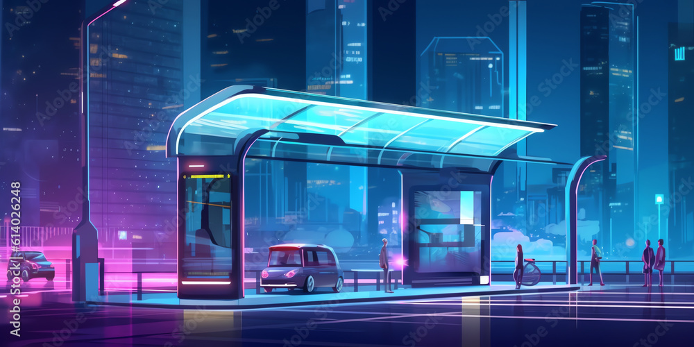 Generative AI Bus stop with shelter on city street. Urban landscape ...