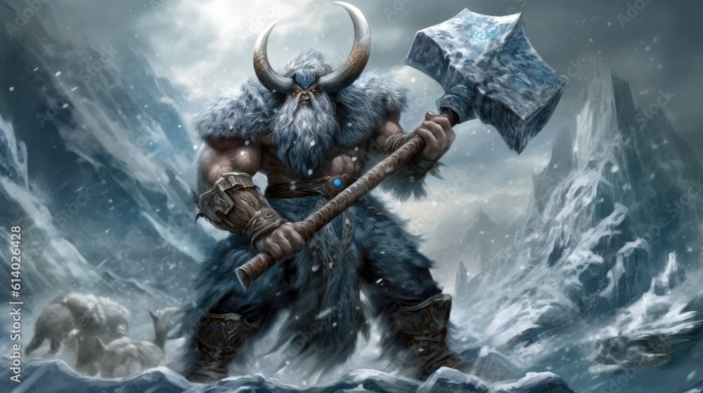 A frost giant barbarian who wields an enormous battle axe. Stock ...
