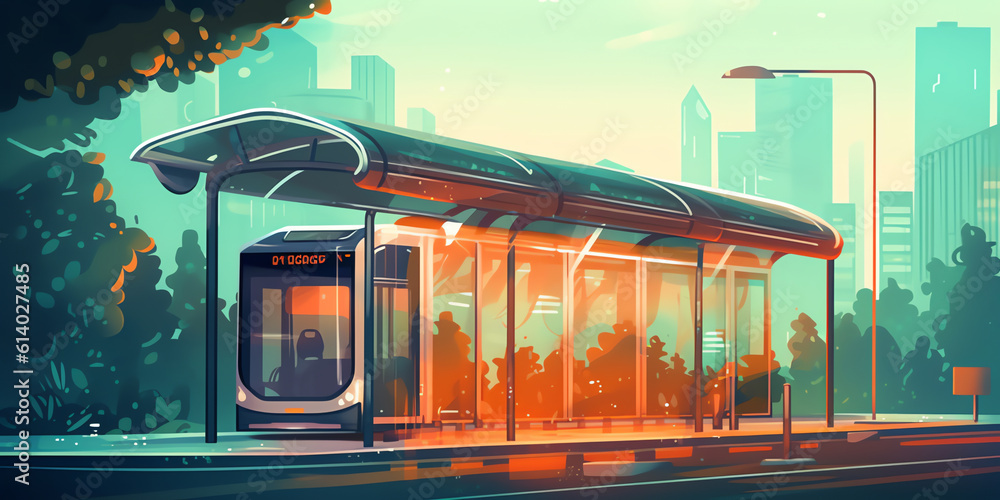 Generative AI bus stop cartoon city public transport 3D illustration ...