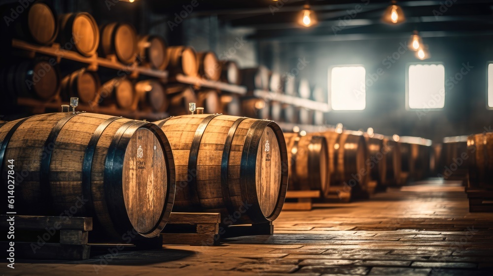 Oak barrels for beer fermentation in breweries. generative ai Stock ...