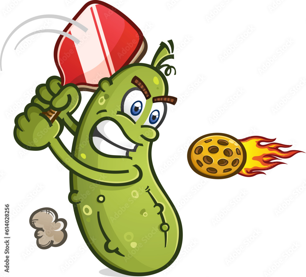 Pickle cartoon character taking a hard swing at a flaming hot speeding ...