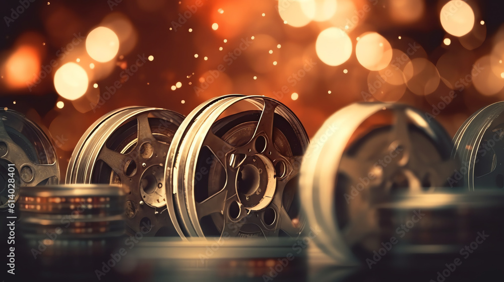Generative AI Cinema background with movie projector and film reels on ...