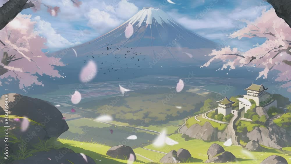 Animated background of cherry blossom trees and royal fortress in the ...