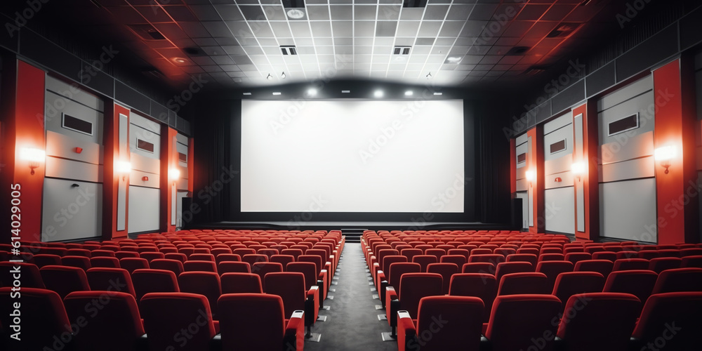 Generative AI Interior of empty cinema auditorium with lines of chairs ...