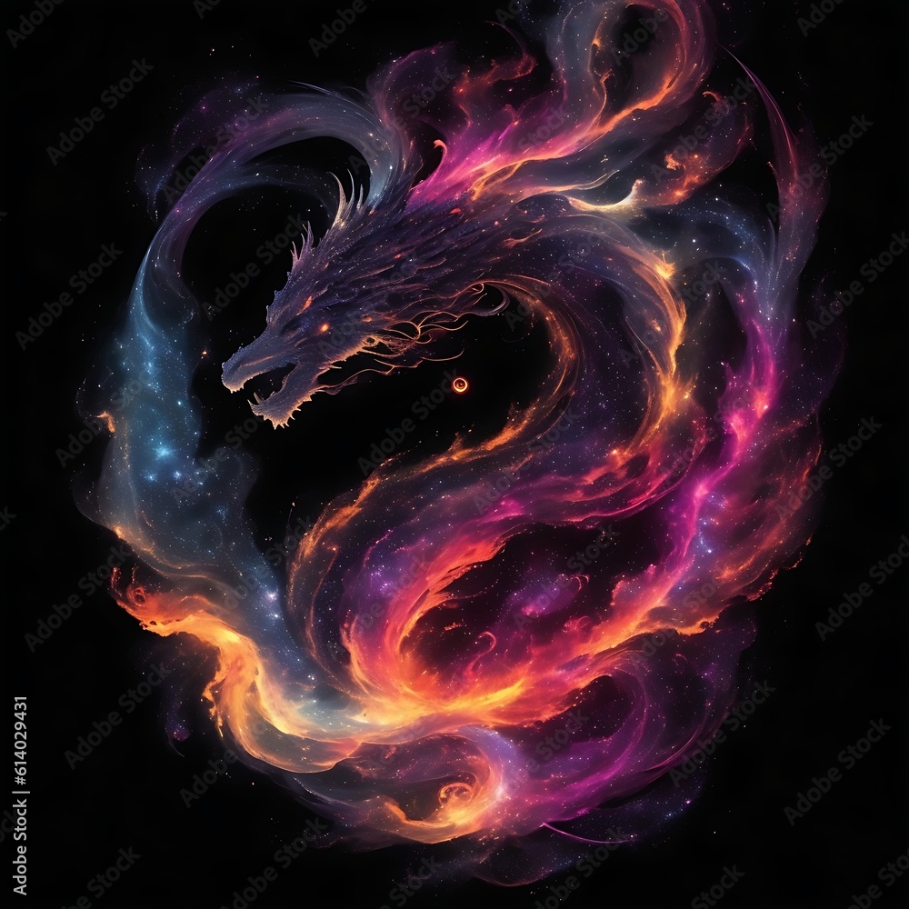 cosmic fire stars, swirling wind, swirls, silhouette of a dragon super ...