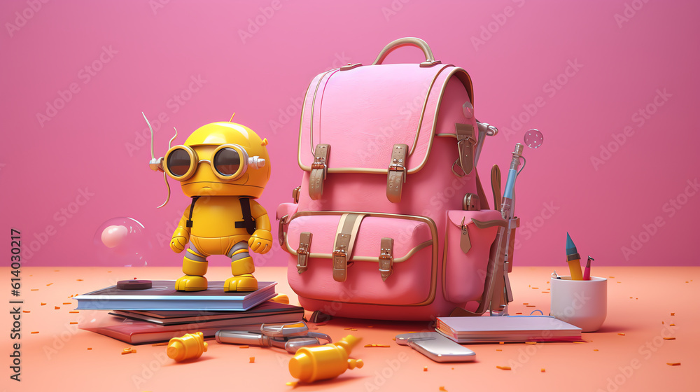 Generative AI Pink girly school bag and pencil case on a desk in an ...