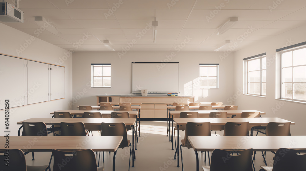 Generative AI A newly built school classroom with desk and chairs ...