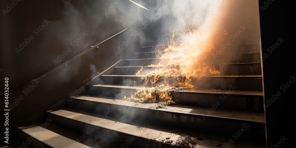 Closeup of stair treads exploding in bright fire and chunks of concrete ...